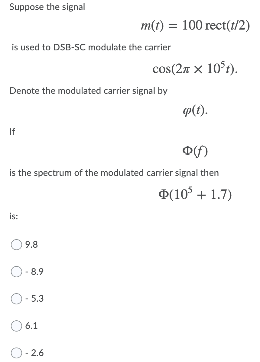 Solved Suppose the signal m(t) = 100 rect(t/2) is used to | Chegg.com