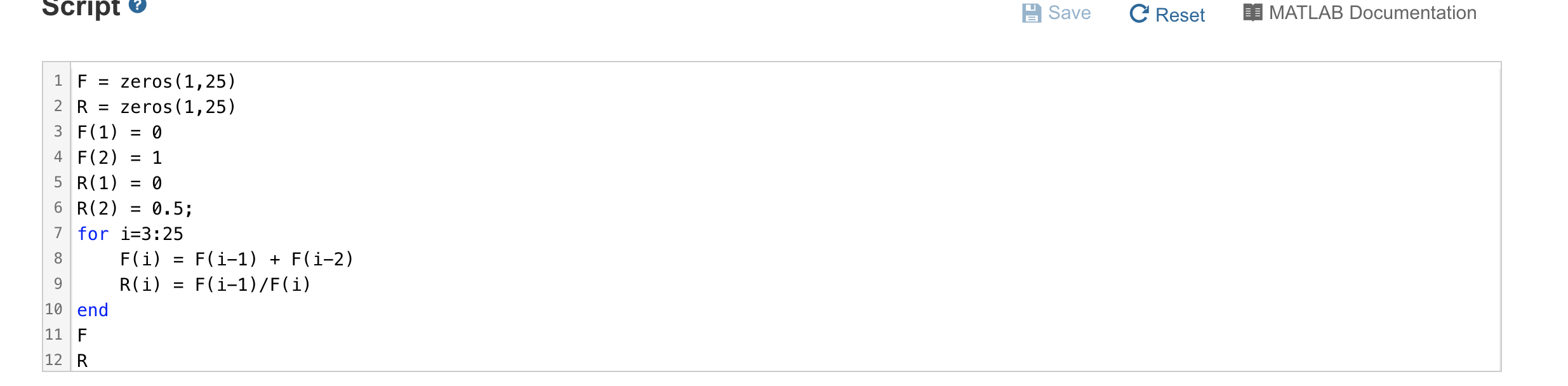 Solved Script Save C Reset MATLAB Documentation - 1 F = | Chegg.com