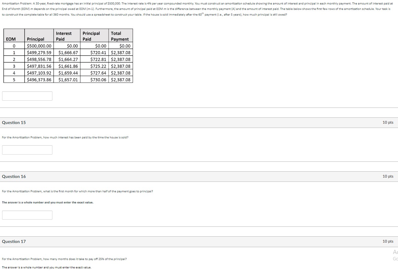 Solved Question 15For the Amortization Problem, how much | Chegg.com