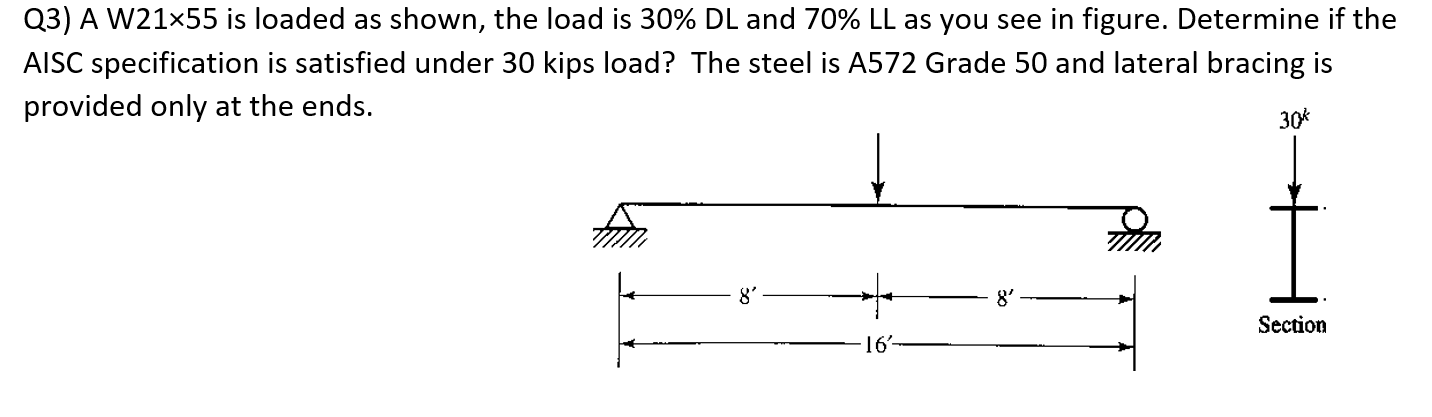 Solved Q3) A W21x55 is loaded as shown, the load is 30% DL | Chegg.com