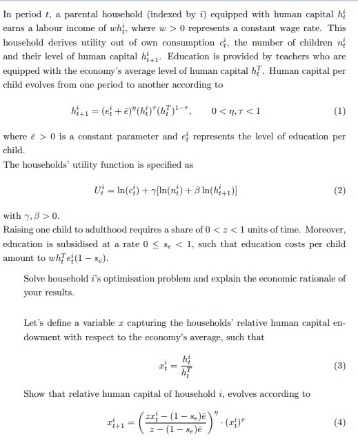 Solved In period t, ﻿a parental household (indexed by i ) | Chegg.com