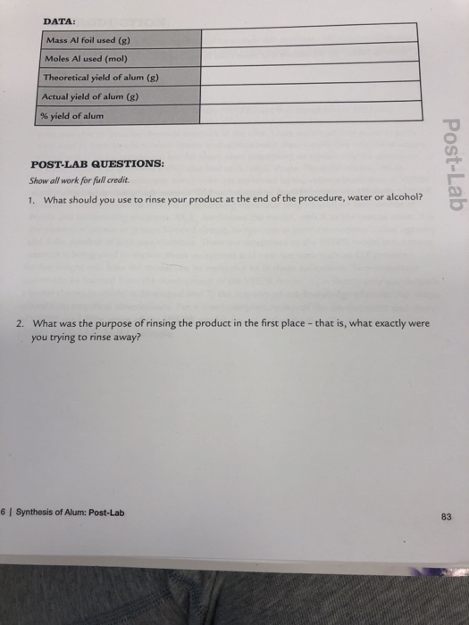 Solved Synthesis of Alum Pre-Lab Section Number Date PRE-LAB | Chegg.com
