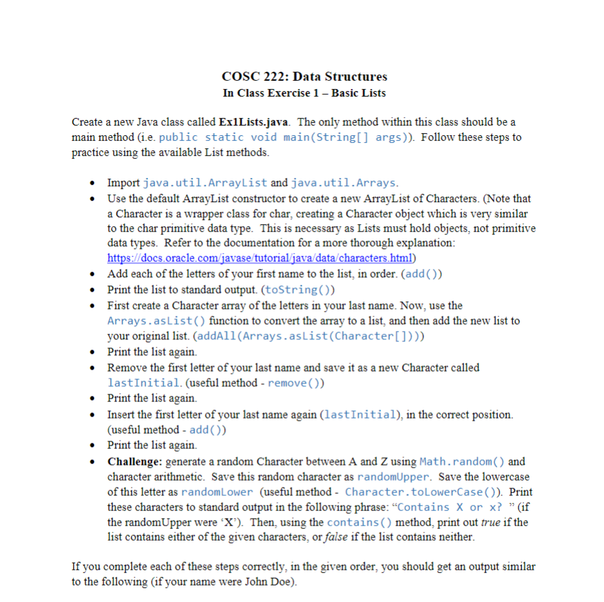 COSC 222: Data Structures In Class Exercise 1 - Basic | Chegg.com