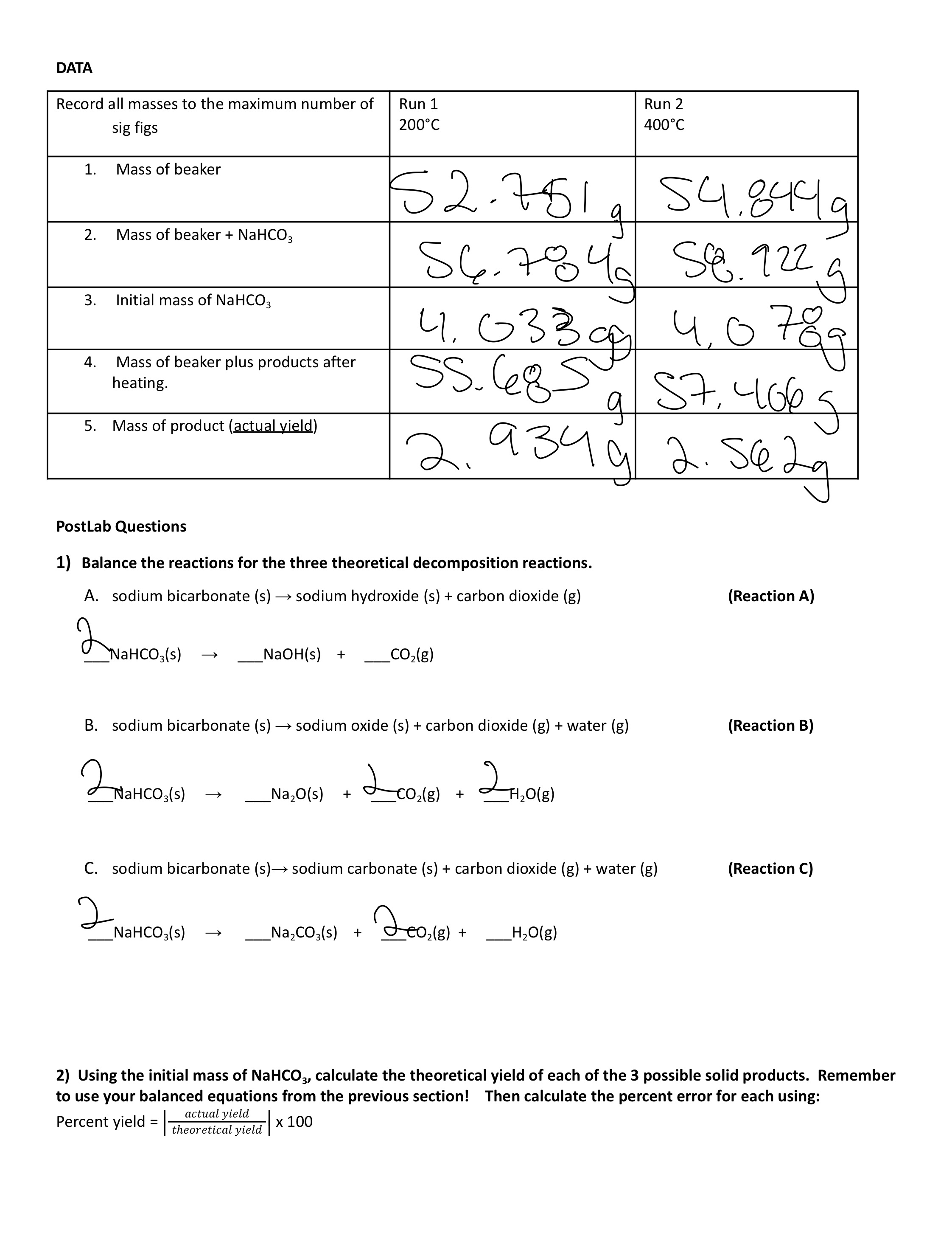 Solved \r\nCHM111 Lab - Decomposition of Sodium Bicarbonate | Chegg.com