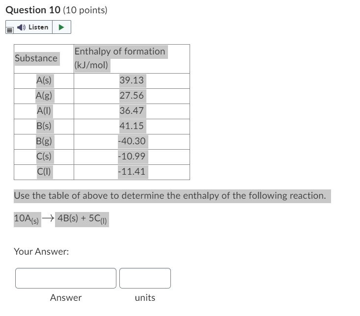 Solved Question 10 (10 points) Use the table of above to | Chegg.com