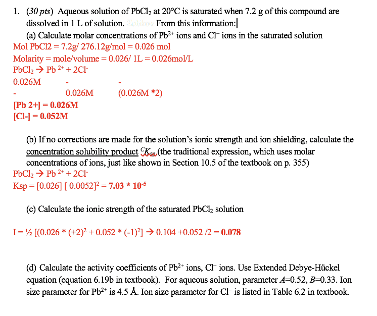 Solved 1. (30 pts) Aqueous solution of PbCl2 at 20°C is | Chegg.com
