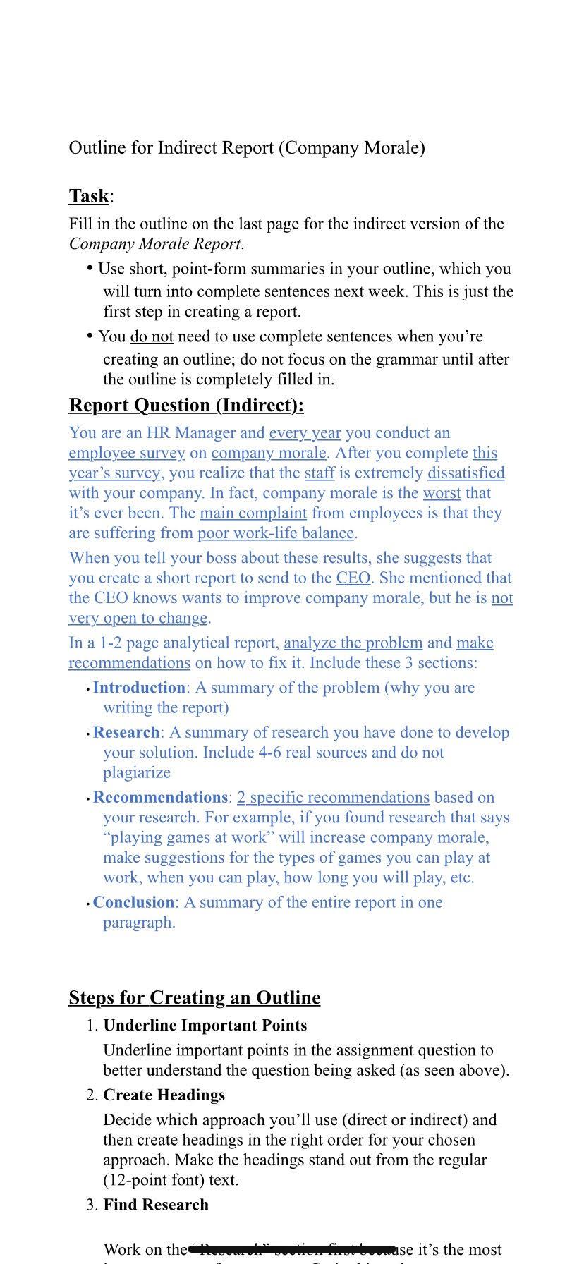 Solved Outline for Indirect Report (Company Morale) Task: | Chegg.com
