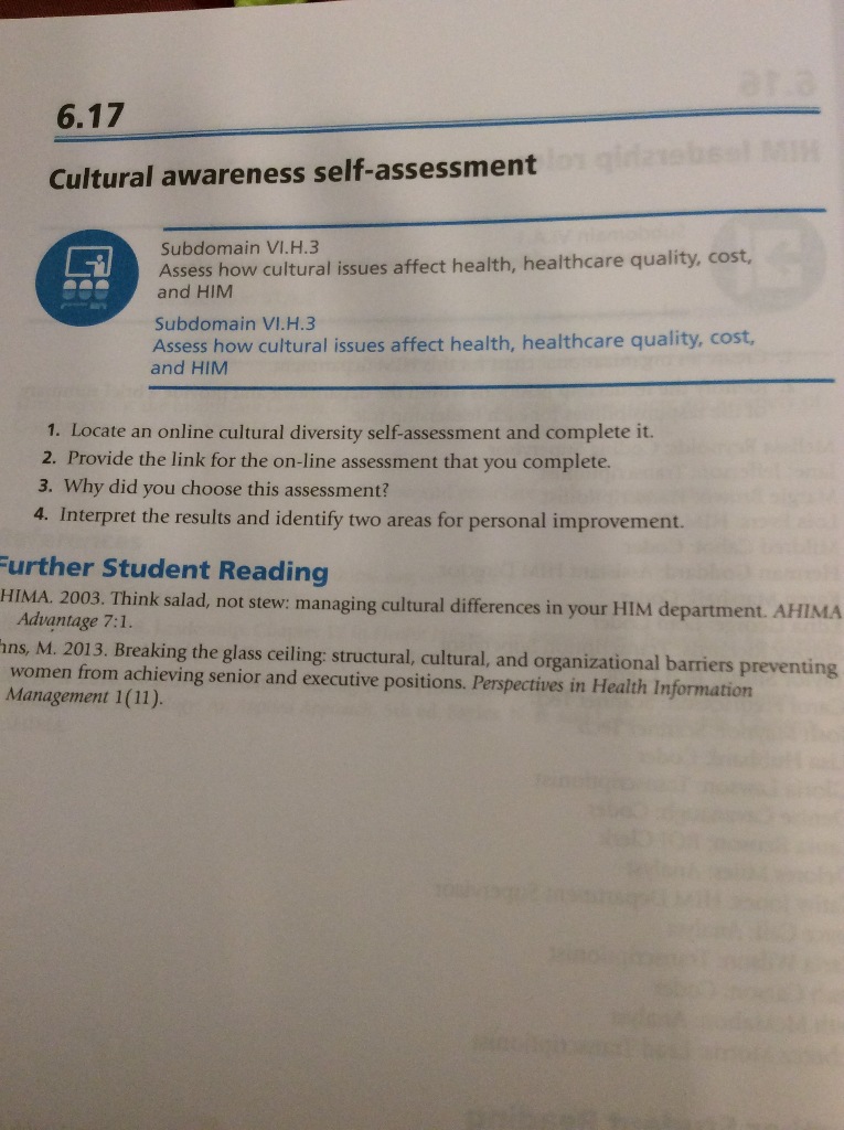 6.17 Cultural awareness self-assessment Subdomain | Chegg.com