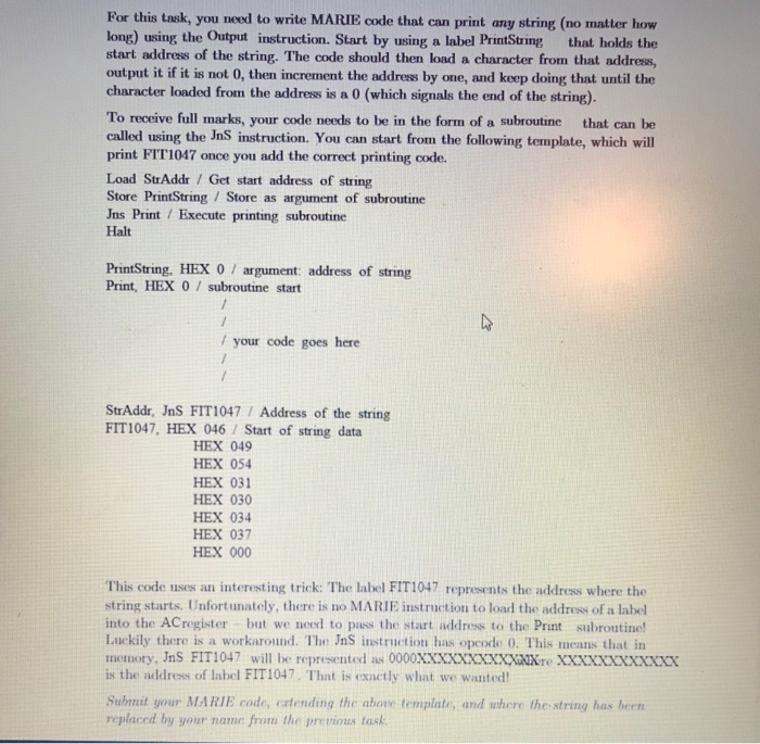 For this task, you need to write MARIE code that can | Chegg.com