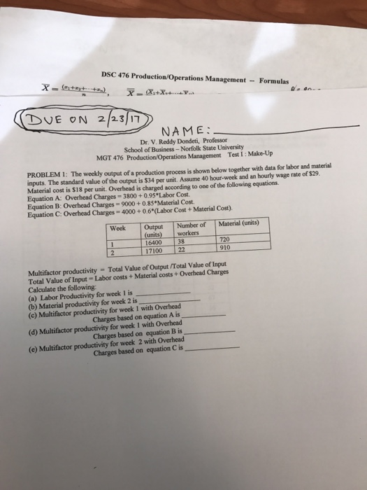 Solved DSC 476 Production/Operations Management Formulas DVE | Chegg.com