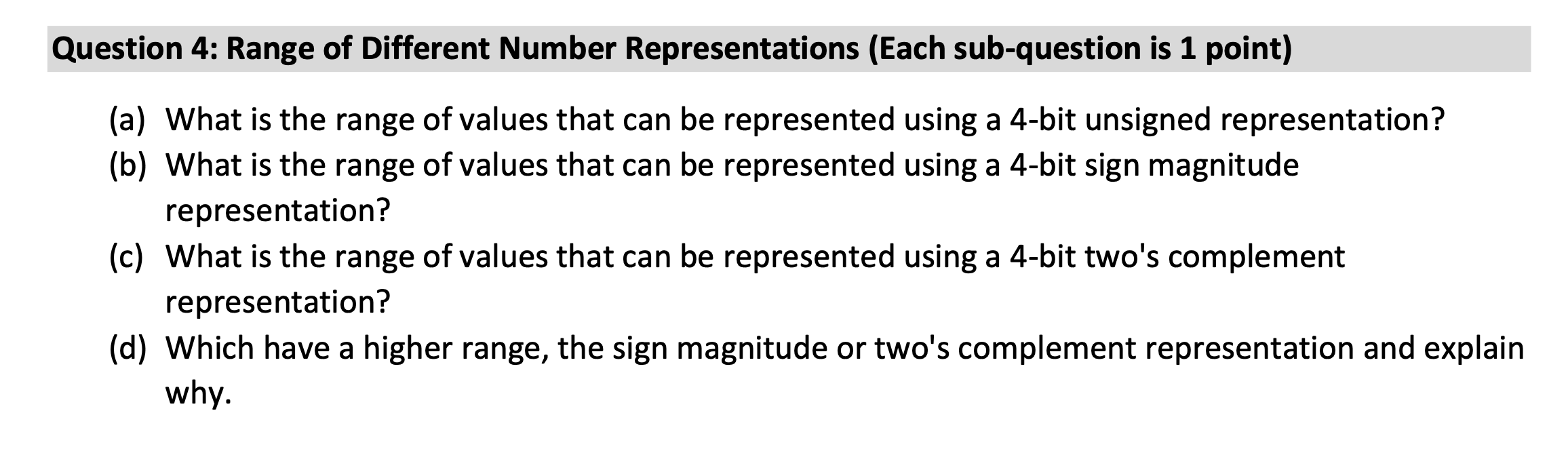 Solved Question 4: Range of Different Number Representations | Chegg.com