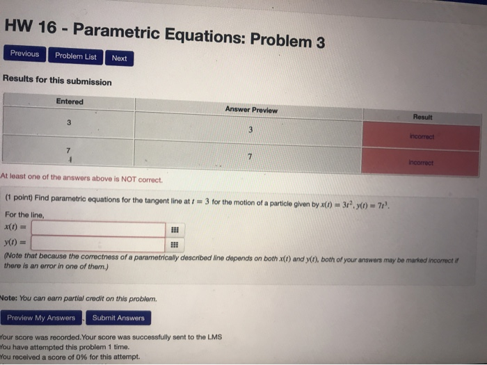 Solved HW 16 - Parametric Equations: Problem 3 Previous | Chegg.com