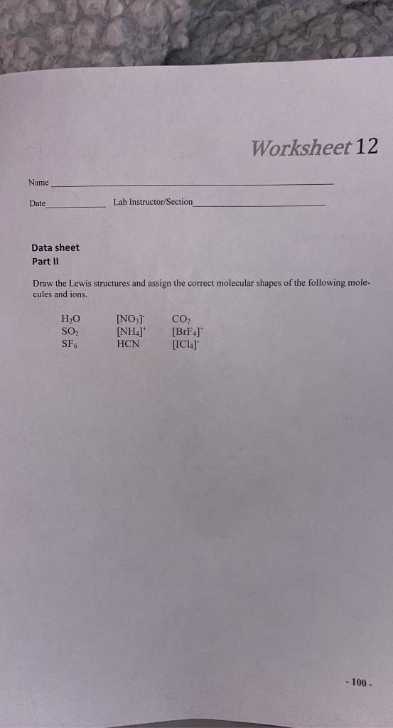 Solved Worksheet 12 Name Date Lab Instructor/Section Data | Chegg.com