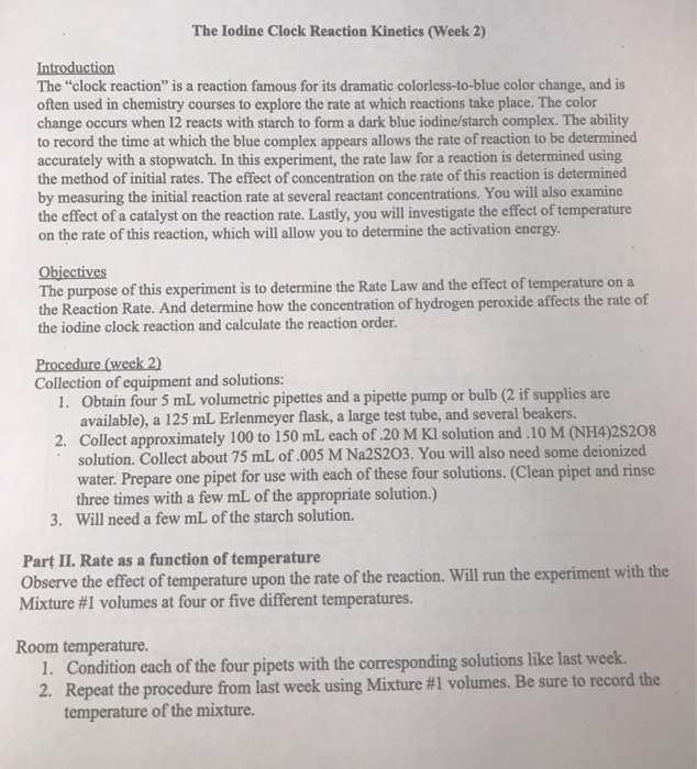 Solved The Iodine Clock Reaction Kinetics (Week 2) The | Chegg.com