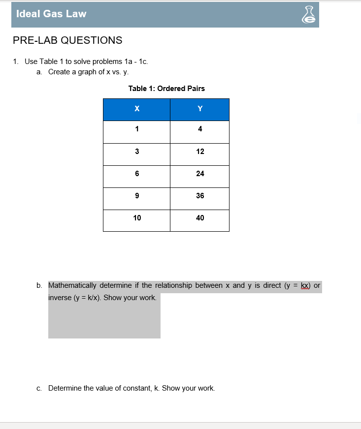 Solved Ideal Gas Law e PRE-LAB QUESTIONS 1. Use Table 1 to | Chegg.com