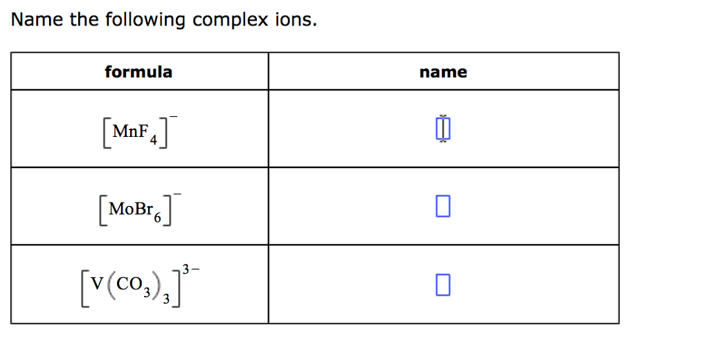 Solved Name the following complex ions. formula name MnF 4 | Chegg.com