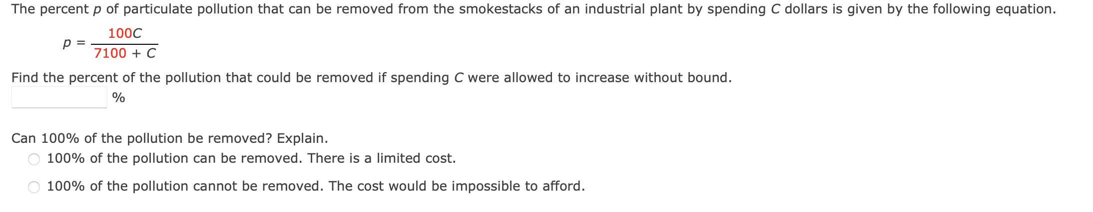Solved The percent p of particulate pollution that can be | Chegg.com