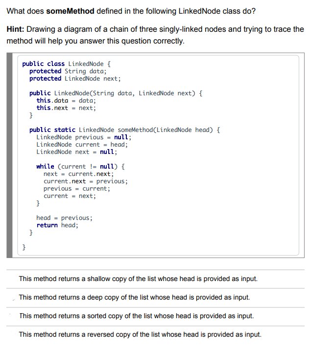 Solved public static int mystery( LinkedNode current) \{ if | Chegg.com