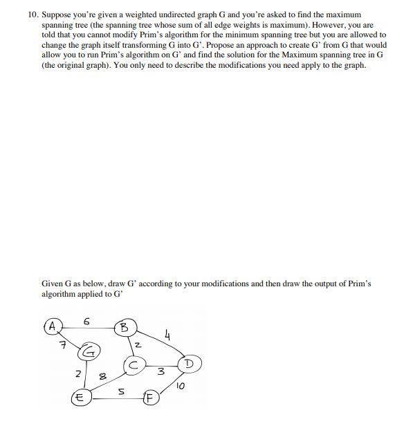 Solved 10. Suppose you're given a weighted undirected graph | Chegg.com
