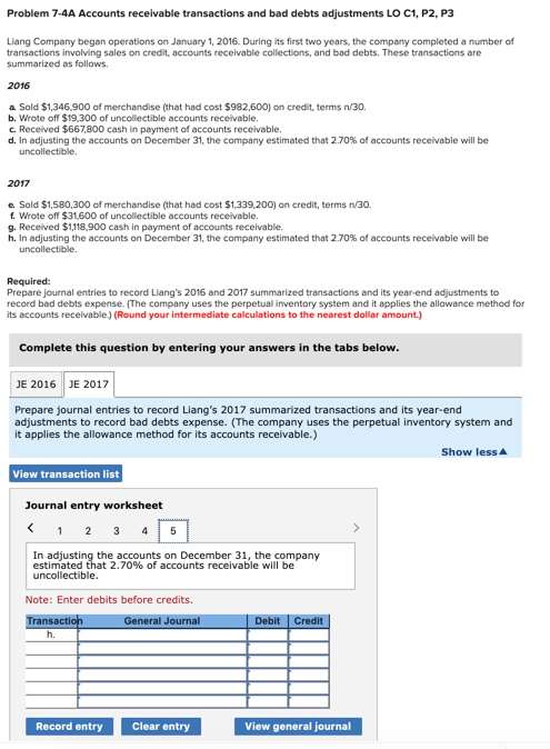 Solved Problem 7-4A Accounts receivable transactions and bad | Chegg.com