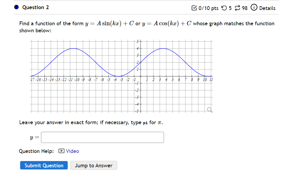 Solved Find a function of the form y=Asin(kx)+C or | Chegg.com