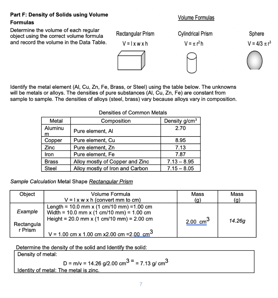 Solved Volume Formulas Part F: Density of Solids using | Chegg.com