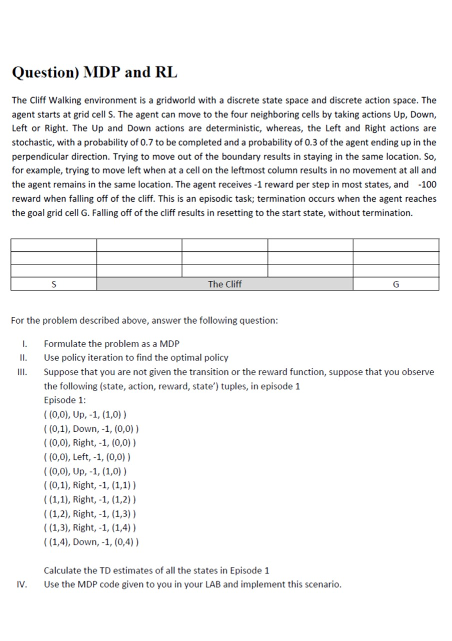 Question) MDP and RL The Cliff Walking environment is | Chegg.com