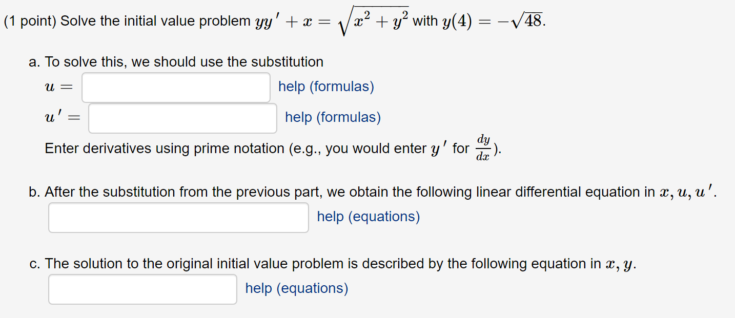 Solved (1 ﻿point) ﻿Solve the initial value problem | Chegg.com