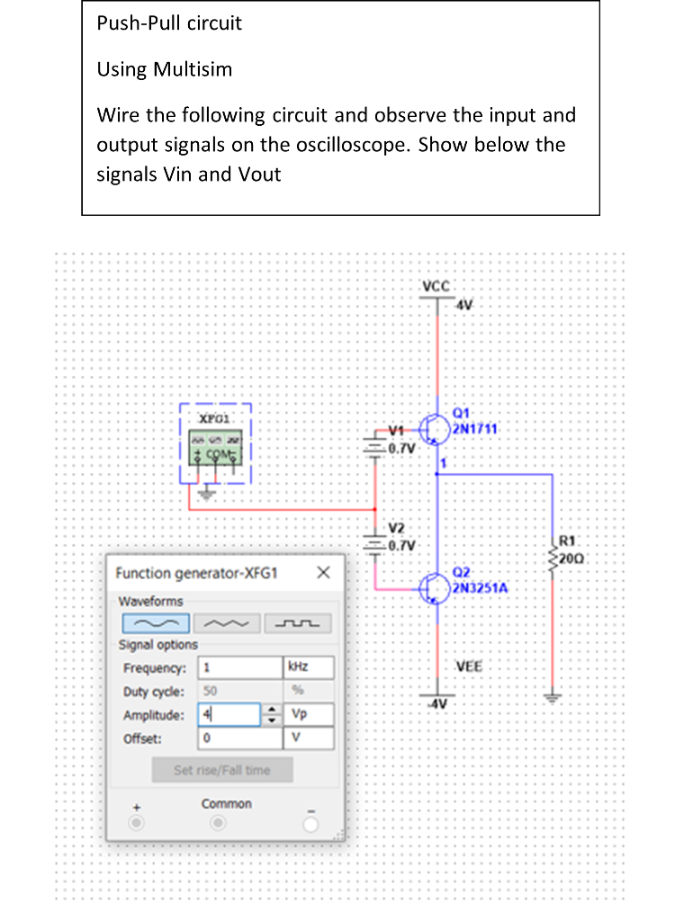 Solved Push-Pull circuit Using Multisim Wire the following | Chegg.com