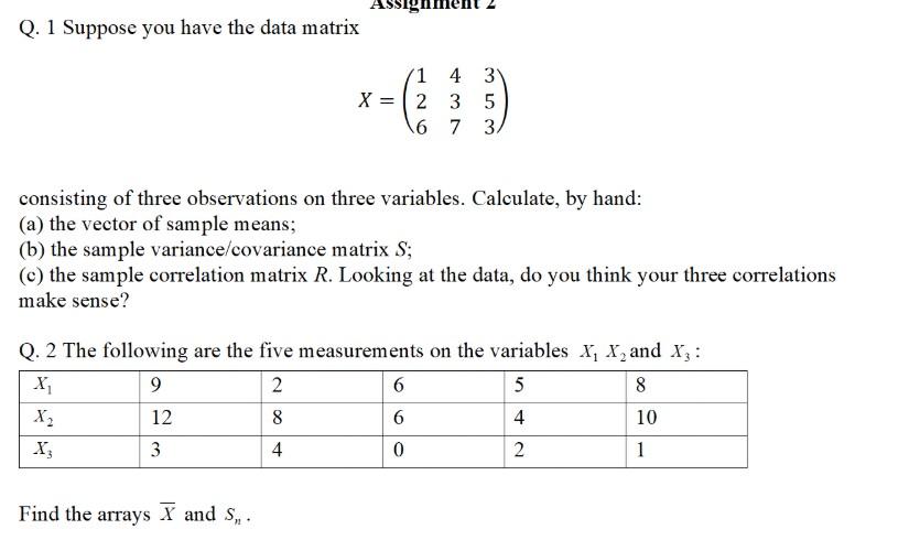 Solved Assignn Q. 1 Suppose you have the data matrix 1 4 31 | Chegg.com