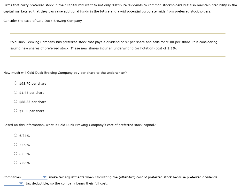 Solved Firms that carry preferred stock in their capital mix | Chegg.com