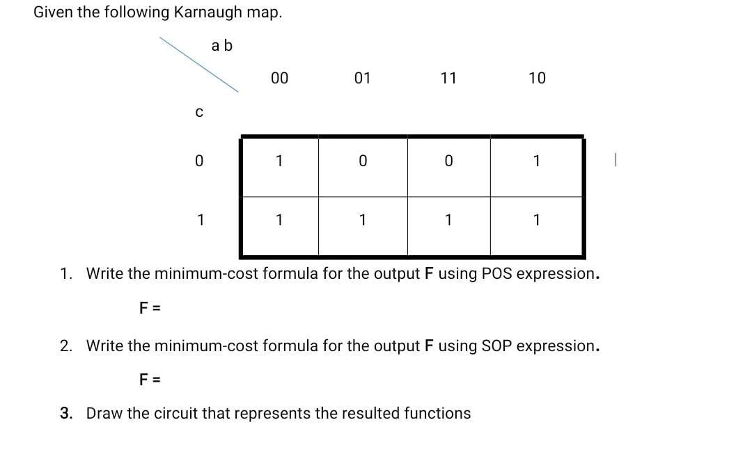 Solved Given the following Karnaugh map. a b 00 01 11 10 с 0 | Chegg.com