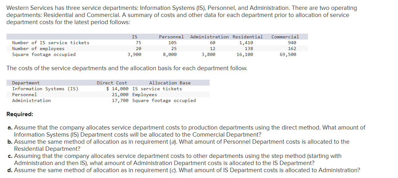 Solved Western Services has three service departments: | Chegg.com