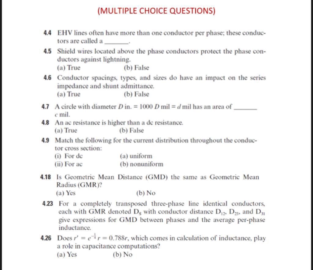 Solved (MULTIPLE CHOICE QUESTIONS) 4.4 EHV lines often have | Chegg.com