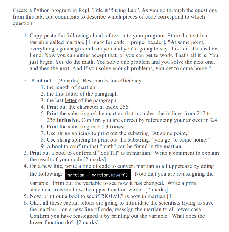 Solved Create a Python program in Repl. Title it “String | Chegg.com