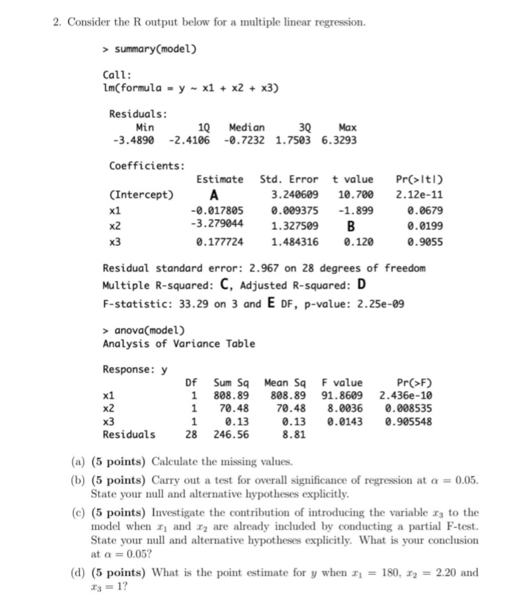 Solved 2. Consider the R output below for a multiple linear | Chegg.com