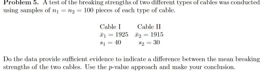 Solved Problem 5. A test of the breaking strengths of two | Chegg.com