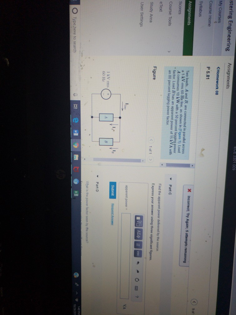 Solved P 5.81 Two loads, A and B, are connected in parallel | Chegg.com