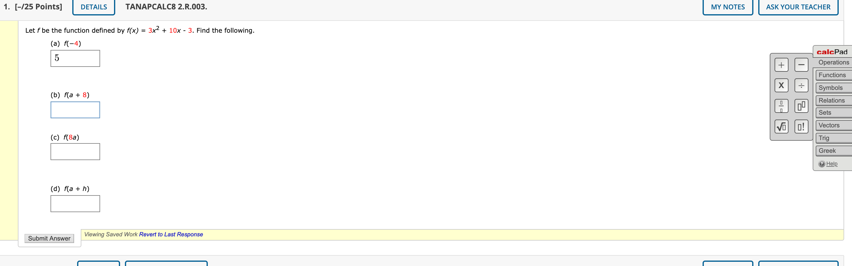 Solved 1. [-/25 Points] DETAILS TANAPCALC8 2.R.003. MY NOTES | Chegg.com