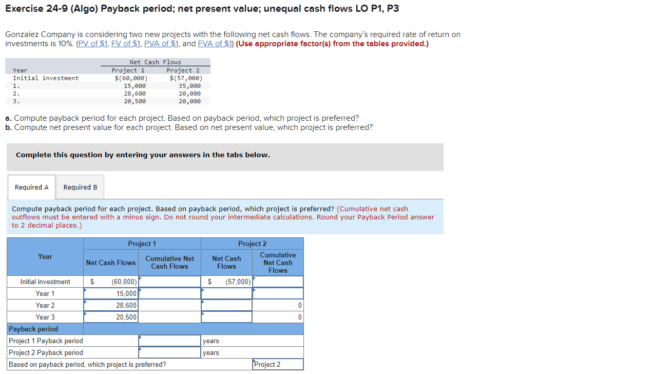 Solved Exercise 24-9 (Algo) Payback period; net present | Chegg.com