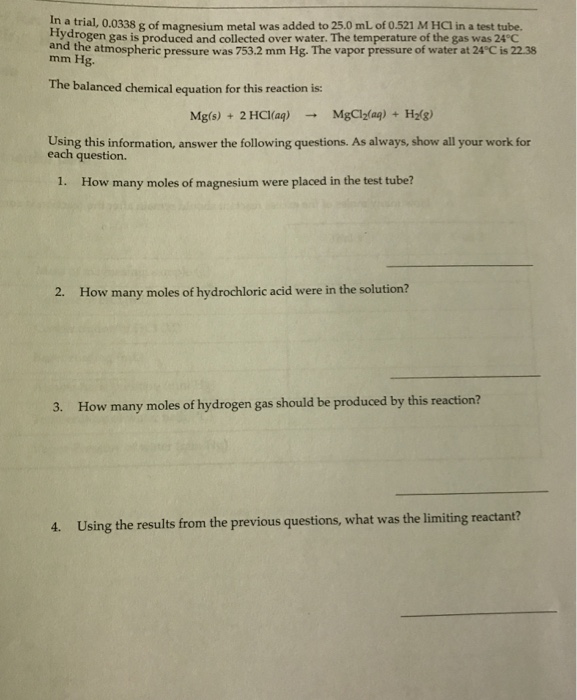 Solved In a trial, 0.0338 g of magnesium metal was added to | Chegg.com