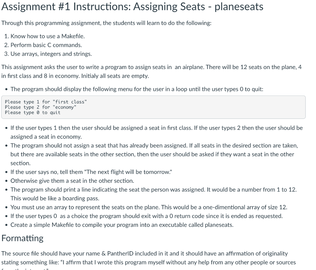 Solved Assignment \#1 Instructions: Assigning Seats - | Chegg.com