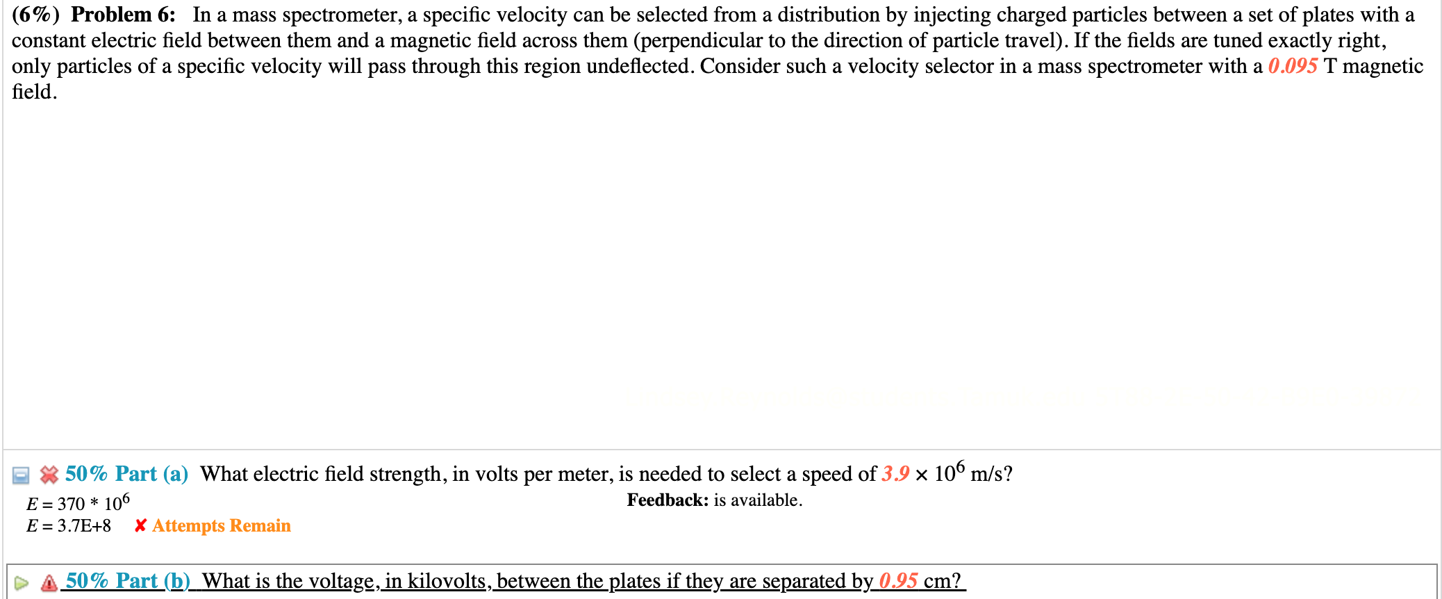 Solved (6\%) Problem 6: In a mass spectrometer, a specific | Chegg.com