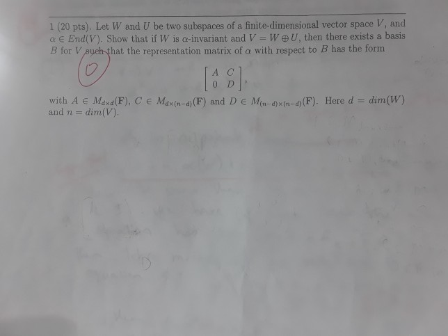 Solved 1 (20 pts). Let W and U be two subspaces of a | Chegg.com