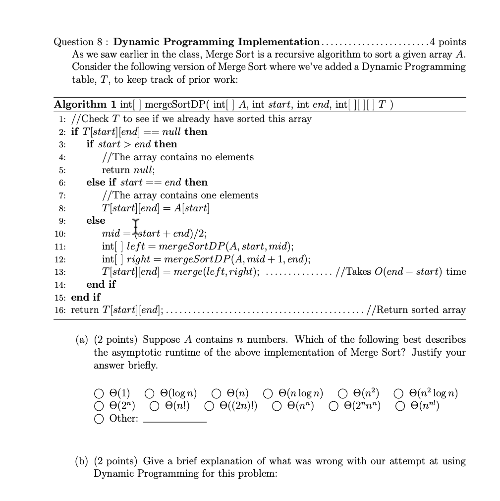 Solved Question 8: Dynamic Programming Implementation... ..4 | Chegg.com