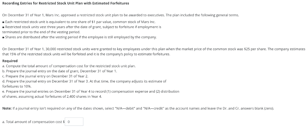 Solved Recording Entries for Restricted Stock Unit Plan with | Chegg.com