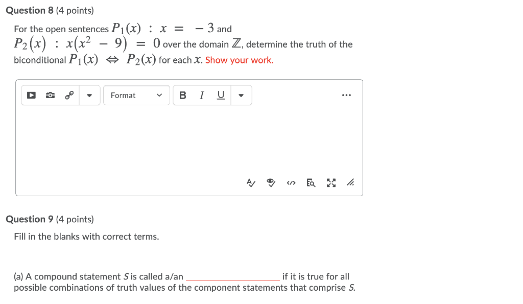 Solved 3 and Question 8 (4 points) For the open sentences | Chegg.com
