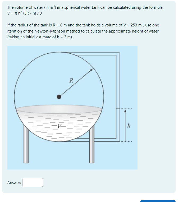 Solved The volume of water (in m3 ) in a spherical water | Chegg.com