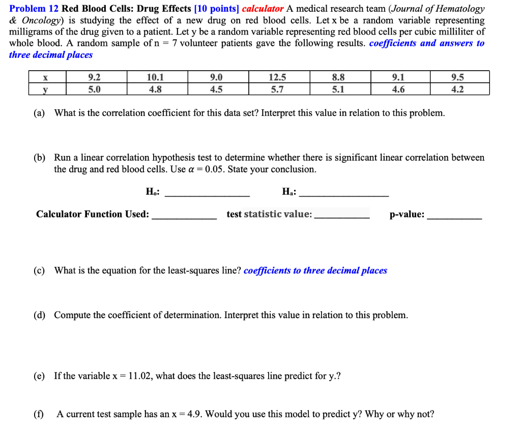 Solved Problem 12 Red Blood Cells: Drug Effects [10 points) | Chegg.com