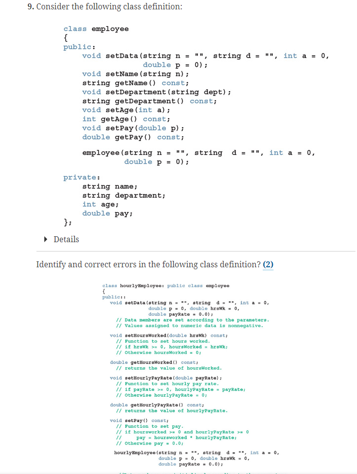 9. Consider the following class definition: Details | Chegg.com